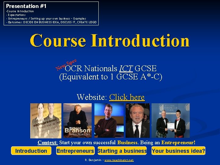 Presentation 1 Course Introduction Expectations Entrepreneurs Setting up