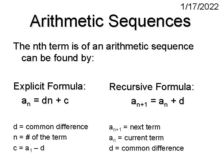 Agenda Textbook Web Based Resource Arithmetic Sequences Formula