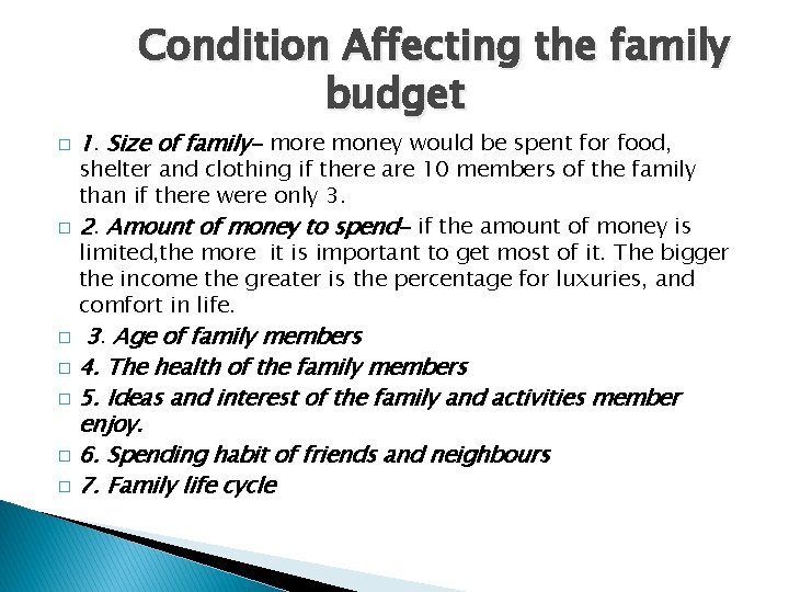 PRESENTATION FAMILY BUDGET Planning the family budget is