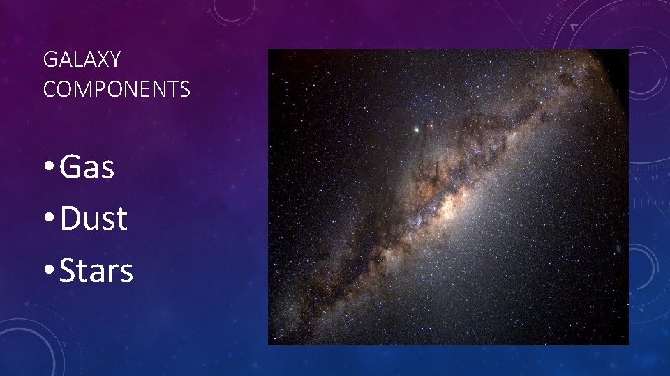 SPACE UNIT GALAXY COMPONENTS Gas Dust Stars PLANETS