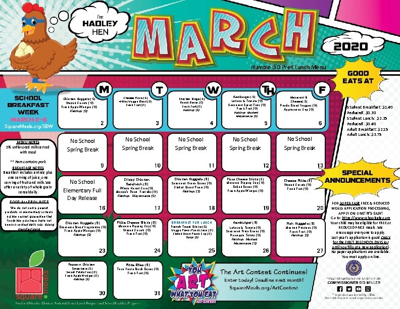 Humble ISD Pre K Lunch Menu Chicken Nuggets