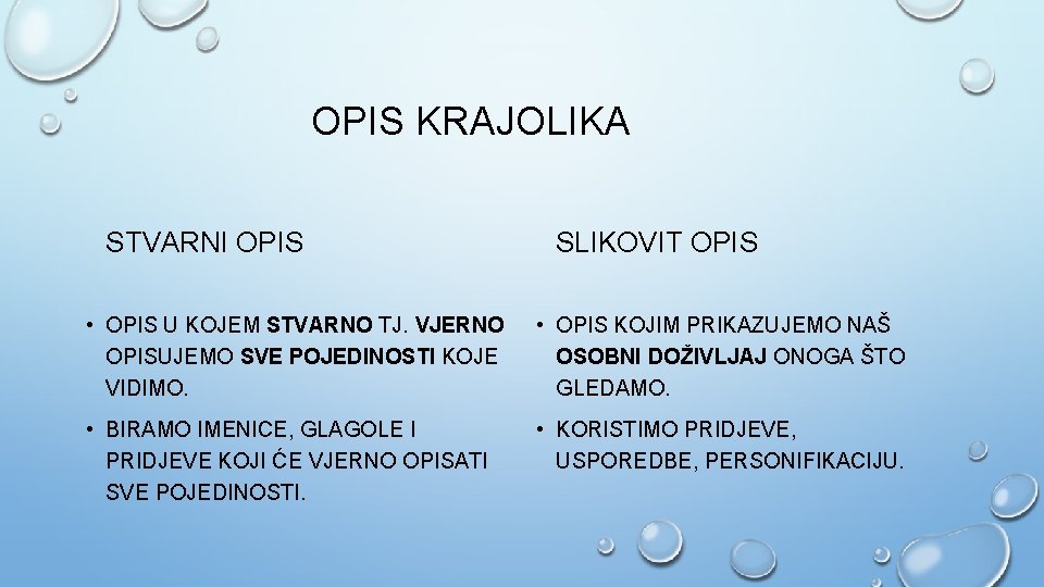 OPISIVANJE OPIS PREDMETA OSOBE PROSTORA IZGLED VELIINA BOJE