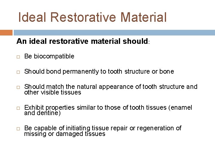 FILLING MATERIALS CONTENTS Introduction v Classification v Basic