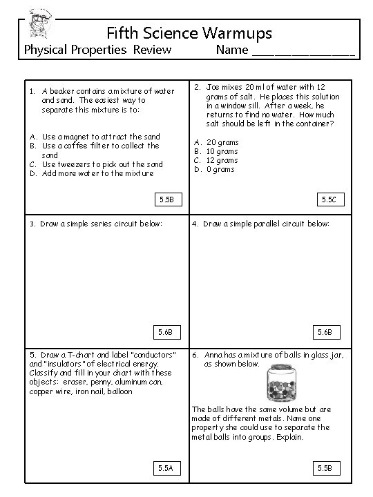 Fifth Science Warmups Name Physical Properties Review 1