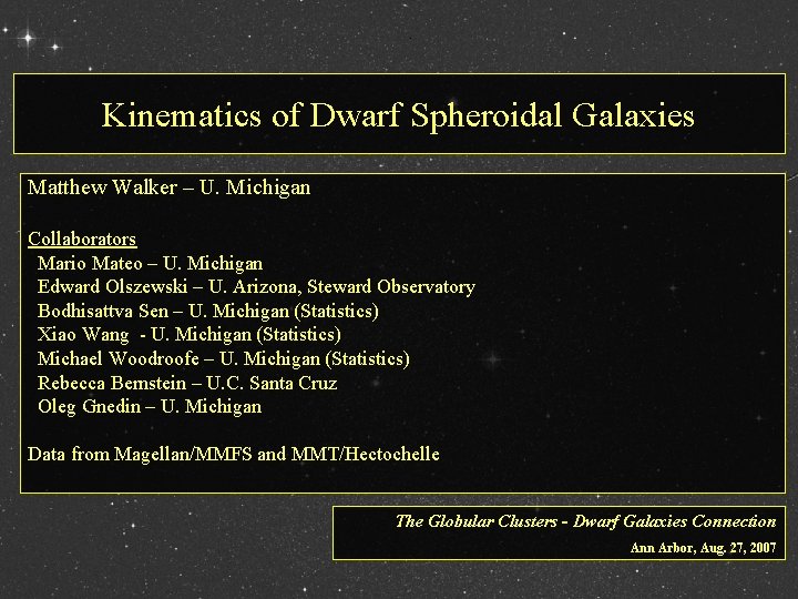 Kinematics of Dwarf Spheroidal Galaxies Matthew Walker U