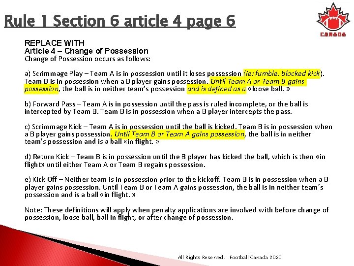 2020 TACKLE RULE CHANGES All Rights Reserved Football