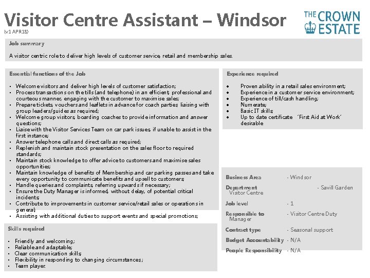 Visitor Centre Assistant Windsor v 1 APR 18