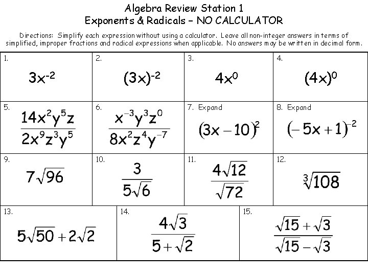Algebra Review Station 1 Exponents Radicals NO CALCULATOR