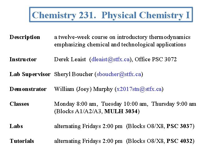 Chemistry 231 Physical Chemistry I Description a twelveweek