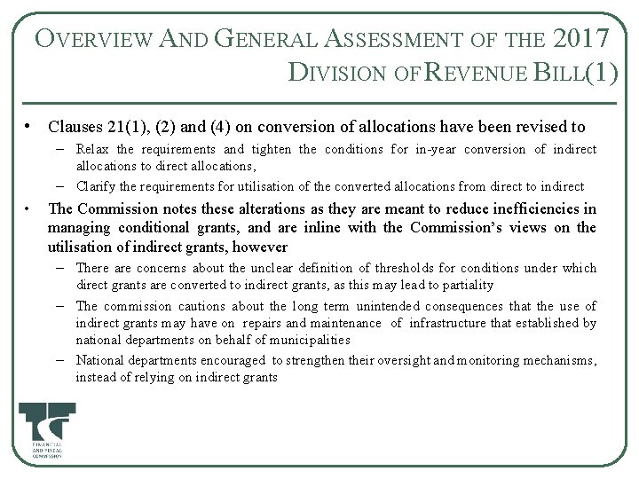 BRIEFING ON THE 2017 DIVISION OF REVENUE BILL
