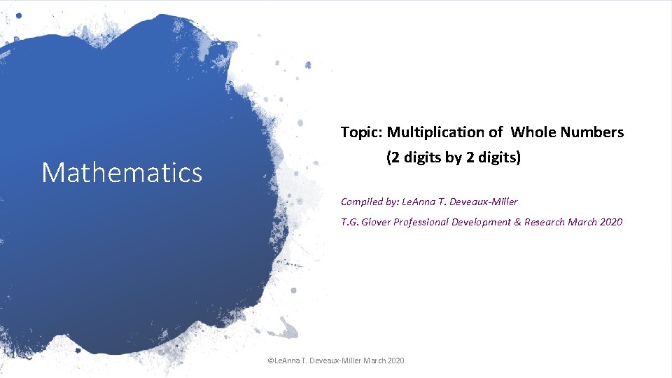 Mathematics Topic Multiplication of Whole Numbers 2 digits