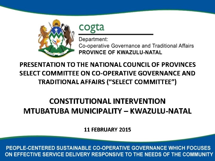 PRESENTATION TO THE NATIONAL COUNCIL OF PROVINCES SELECT