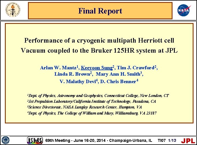 Final Report Performance of a cryogenic multipath Herriott
