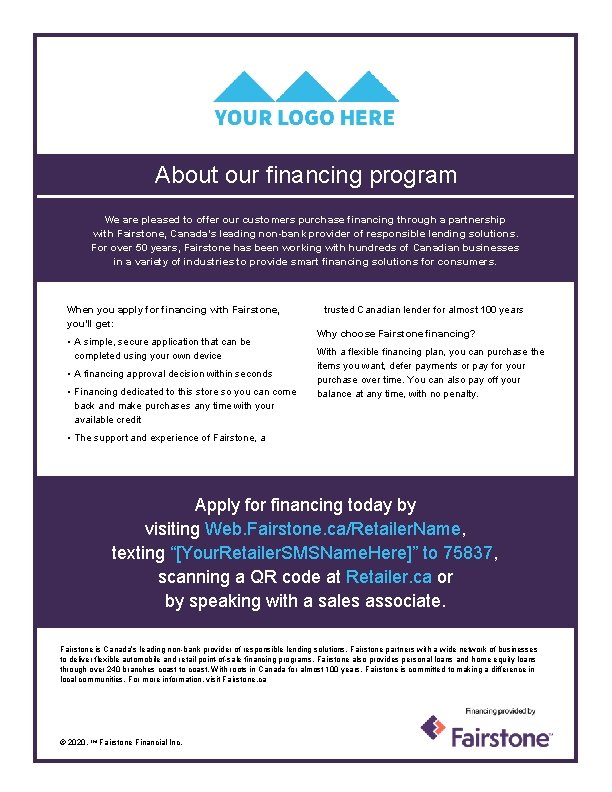 About our financing program We are pleased to