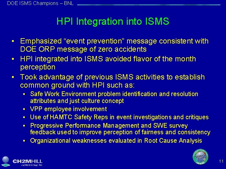 DOE ISMS Champions BNL Integrating Safety Culture into