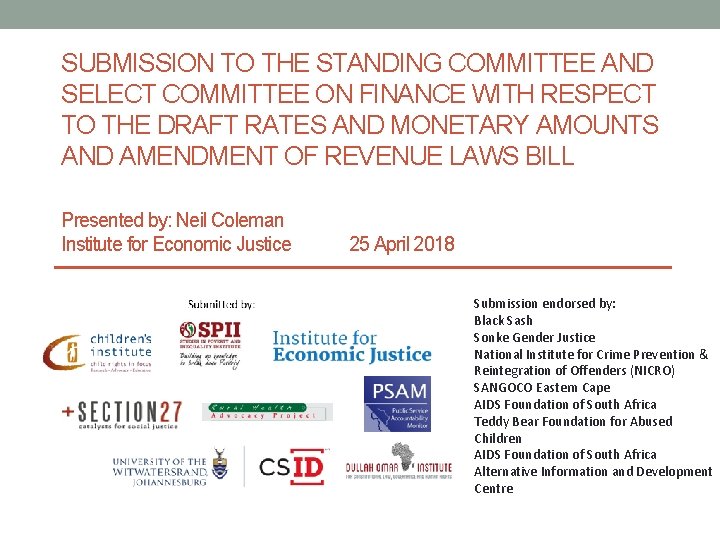 SUBMISSION TO THE STANDING COMMITTEE AND SELECT COMMITTEE