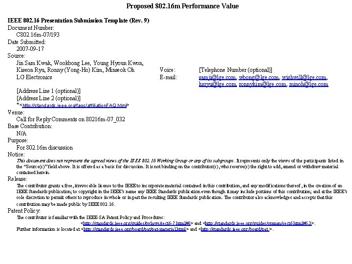 Proposed 802 16 m Performance Value IEEE 802