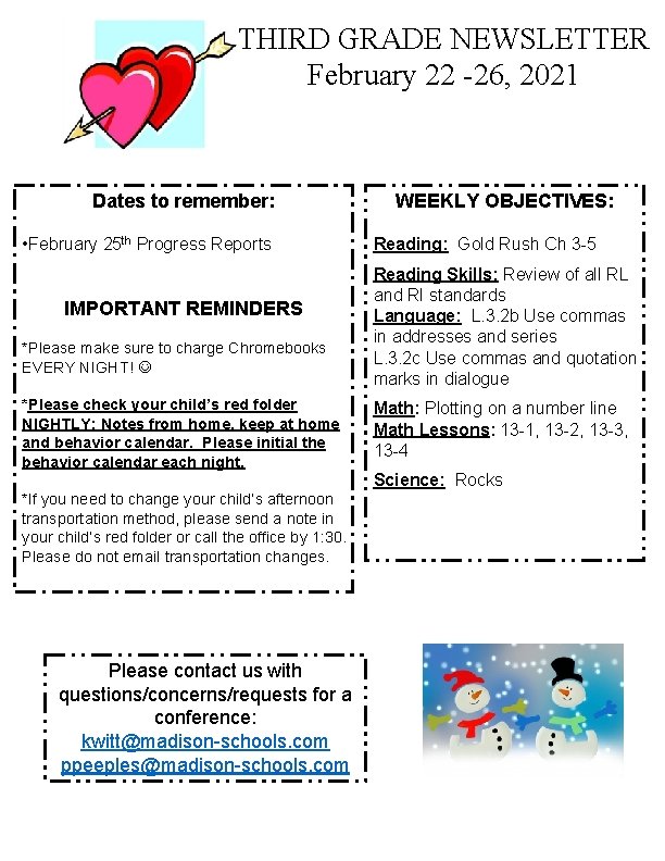 THIRD GRADE NEWSLETTER February 22 26 2021 Dates