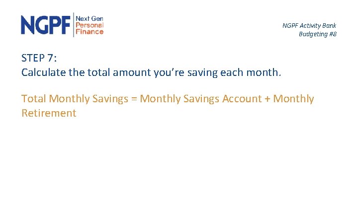 NGPF Activity Bank Budgeting 8 A SalaryBased Budget