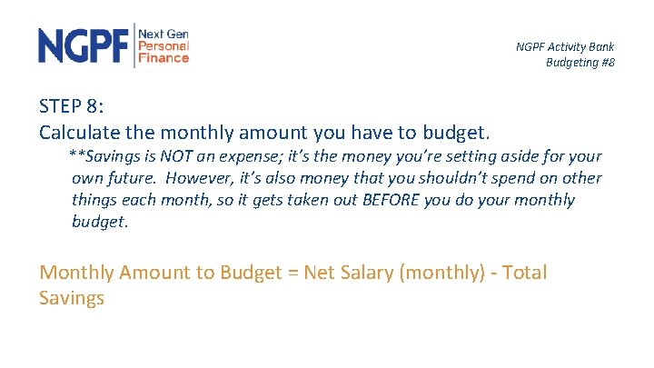 NGPF Activity Bank Budgeting 8 A SalaryBased Budget