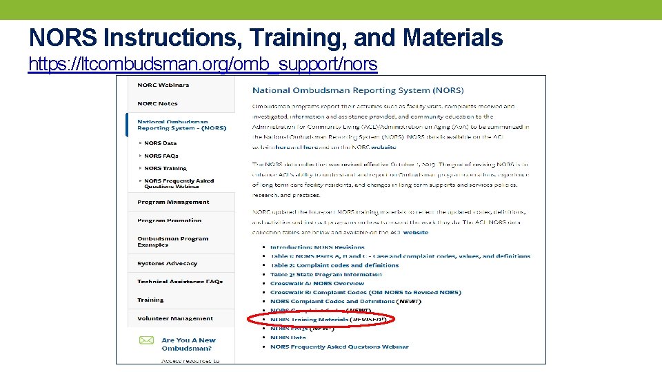 NATIONAL OMBUDSMAN REPORTING SYSTEM NORS TRAINING PART II