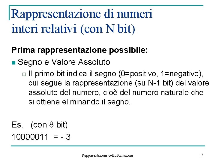 Rappresentazione di Numeri relativi interi con segno n