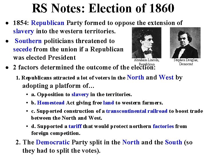 RS Notes Election of 1860 1854 Republican Party