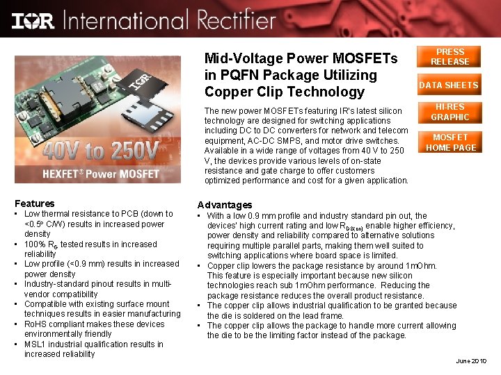MidVoltage Power MOSFETs in PQFN Package Utilizing Copper