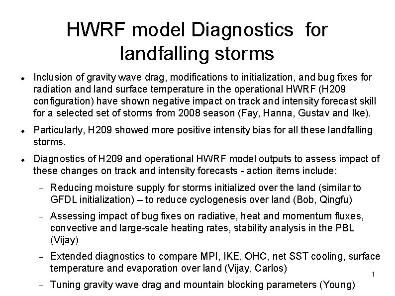 HWRF model Diagnostics for landfalling storms Inclusion of