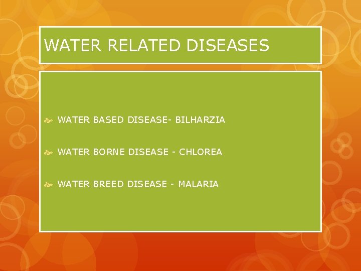 Water Related diseases OBJECTIVE To study the types
