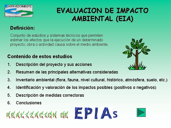 EVALUACION DE IMPACTO AMBIENTAL EIA Definicin Conjunto de