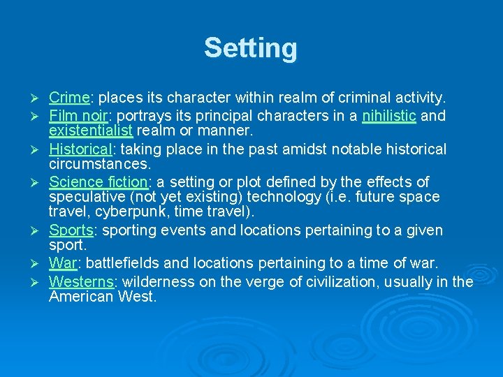 Contents 1 Categorizing film genres Setting Mood Format