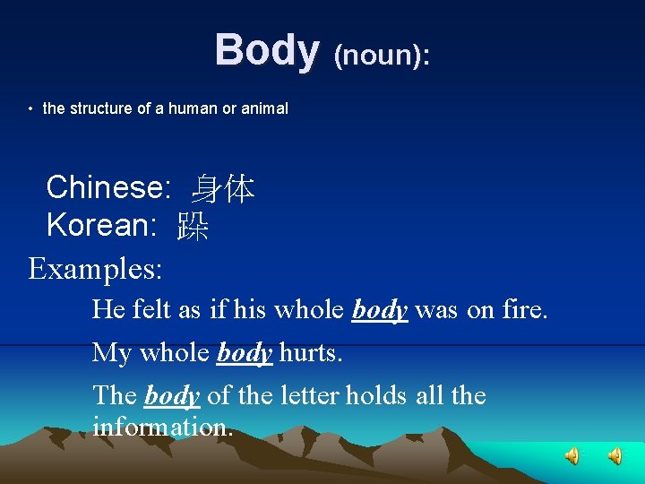 Vocabulary Lesson Two Body noun the structure of