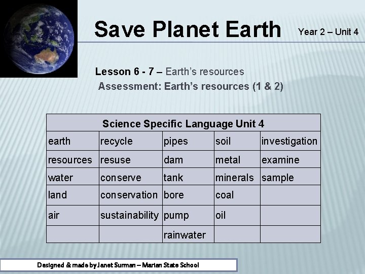 Save Planet Earth Year 2 Unit 4 Lesson