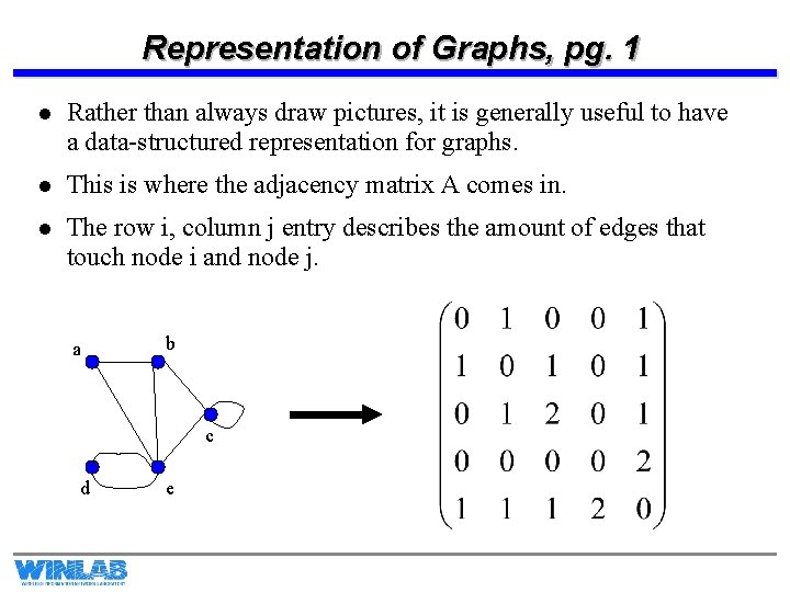 Representing Graphs Wade Trappe Lecture Overview l l