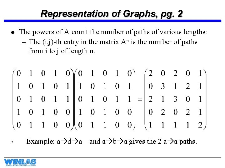 Representing Graphs Wade Trappe Lecture Overview l l