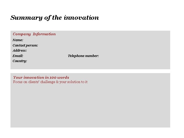 Summary of the innovation Company Information Name Contact