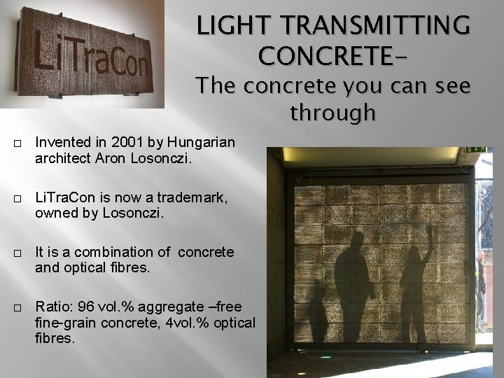 SUSTAINABLE ADVANCEMENT IN CONCRETE LIGHT TRANSMITTING CONCRETE NONITA