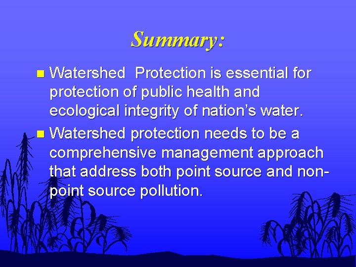 VIII Watershed Protection A comprehensive management approach Objectives