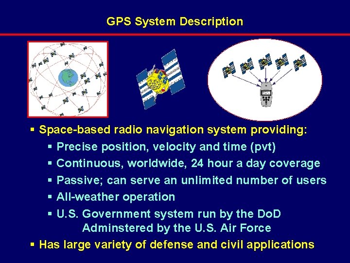 GPS System Description Spacebased radio navigation system providing