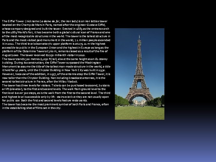 Paris The Eiffel Tower nickname La dame de
