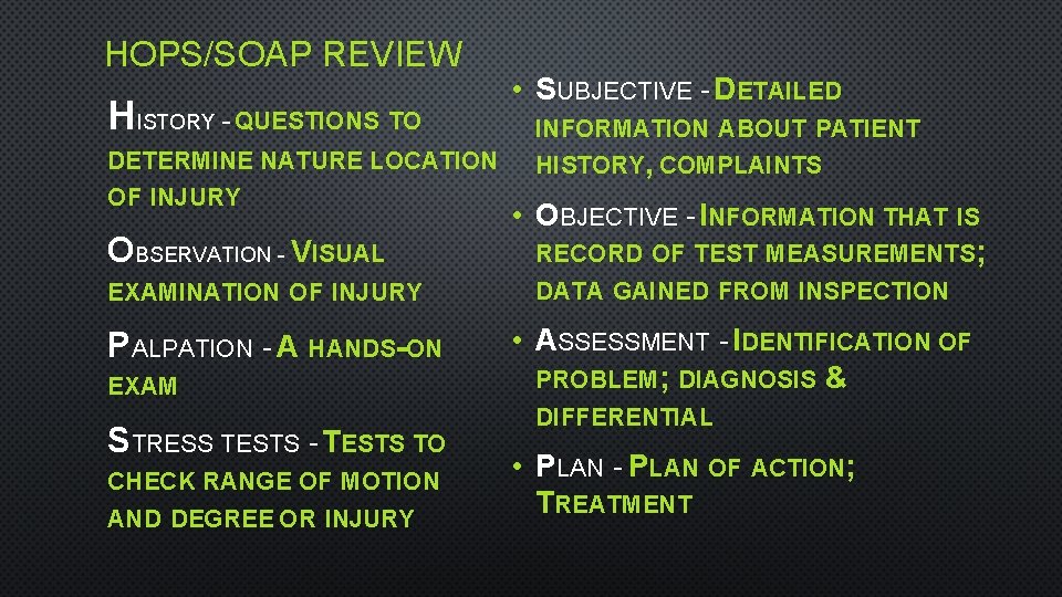SHOULDER EVALUATION OBJECTIVES 1 DEFINE AND RECALL KEY