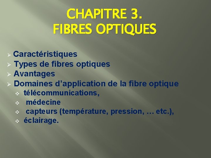 CHAPITRE 3 FIBRES OPTIQUES Caractristiques Types de fibres