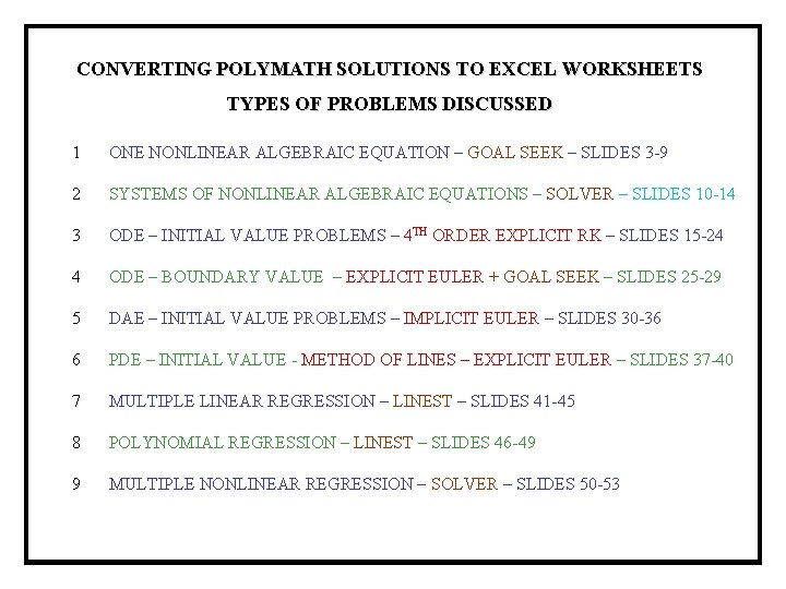 Instructions for Converting POLYMATH Solutions to Excel Worksheets