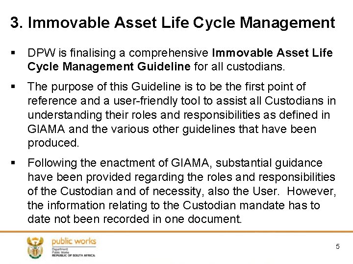 Implementation of the Government Immovable Asset Management Act