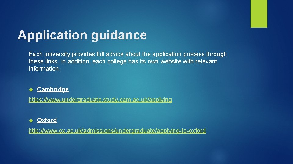 OXBRIDGE APPLICATION PROCESS SUMMARY AND RESOURCES Key stages