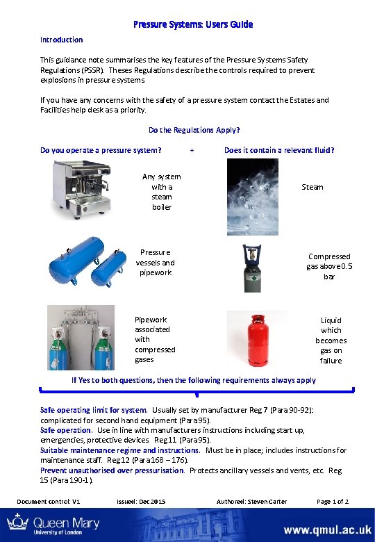 Pressure Systems Users Guide Introduction This guidance note