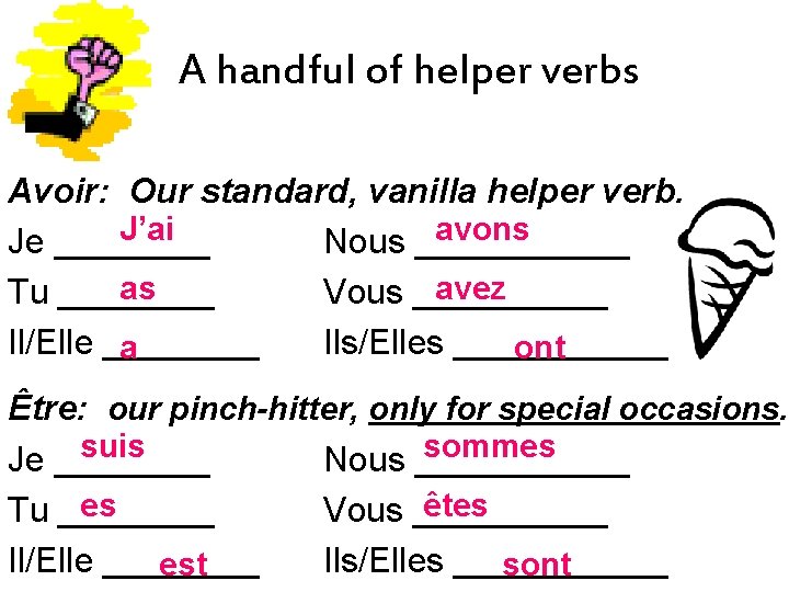 A handful of helper verbs Avoir Our standard