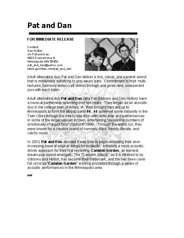 FOR IMMEDIATE RELEASE Contact Dan Hylton co Pat