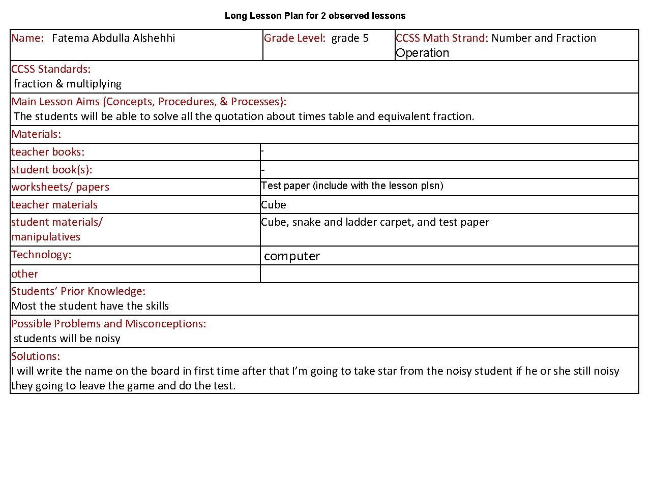 Long Lesson Plan for 2 observed lessons Name